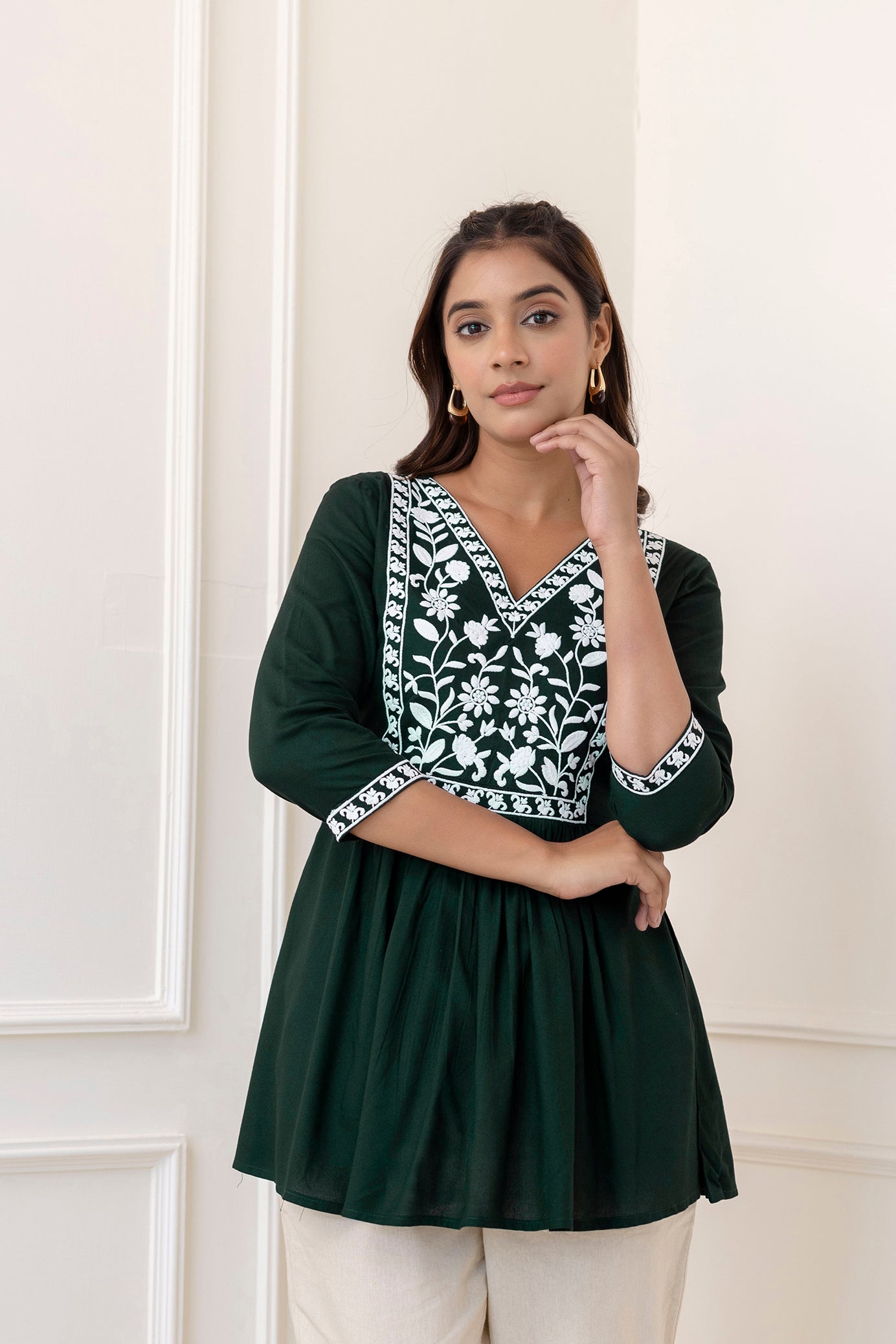 Bottle Green Rayon Hip Length Solid V-Neck Solid Embroidered Semi-Flar ...