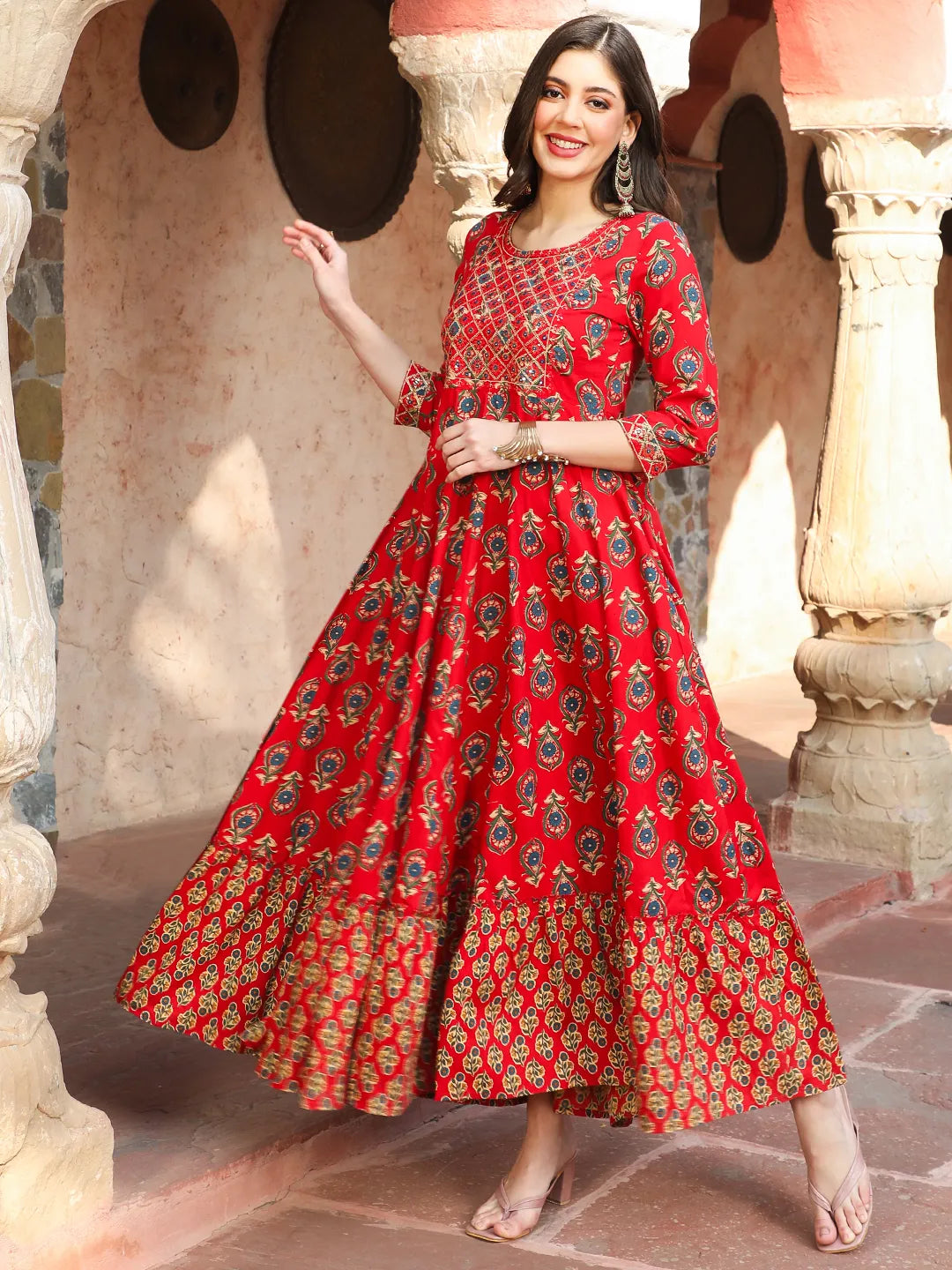 Maroon Block Printed Embroidered Flared Kurta – Gulmohar Jaipur